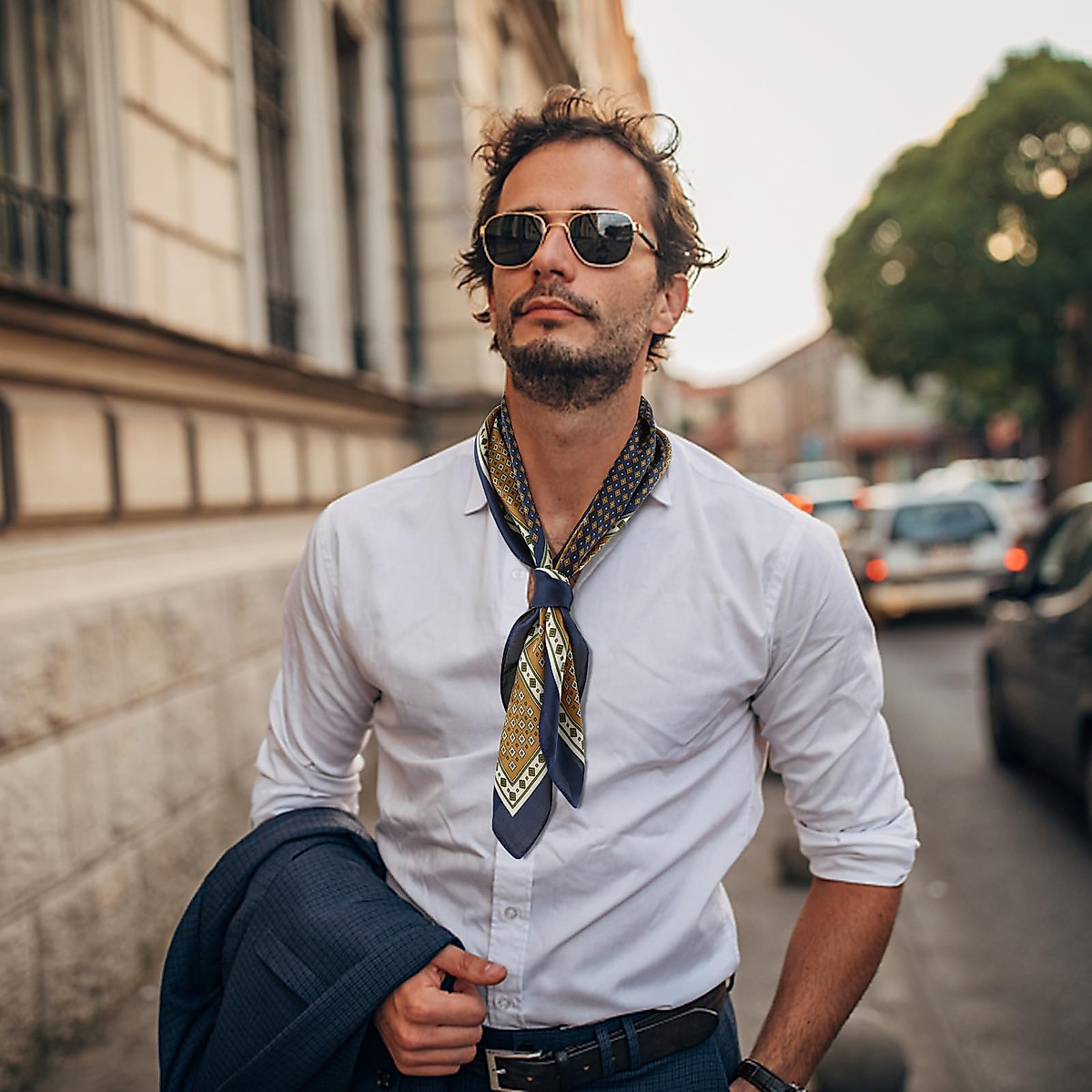 GERINLY Silk Square Neck Scarf for Men Vintage Kerchief Classic Grid Cravat Elegant Gentleman Neckerchief for Costume (Navy)