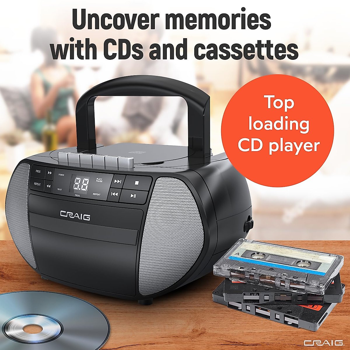 Craig Portable Top-Loading CD Boombox with AM/FM Stereo Radio and Cassette Player/Recorder in Black | Cassette Player/Recorder | LED Display (Black/Gray)