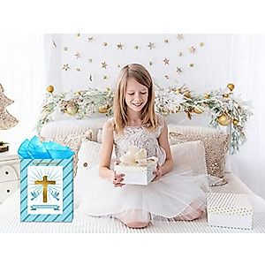 FLYAB First Holy Communion Gift Bag for Girls Boys 11.5" Easter Religious Cross Christian Gift Bag with Tissue Paper Baptism Gift Bag with Handle Christenings Confirmations Gifts for Baby Boys Girls