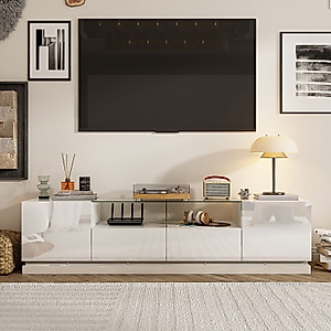 FAMAPY Modern TV Console Table with Lights & Glass Shelves, High Gloss TV Cabinet Media Console with Drawers and Doors, for Living Room White (66.9”W x 15.7”D x 17”H)
