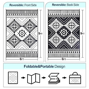 DiiKoo Outdoor Rug Mat for Patio, 6x9ft Waterproof Reversible Plastic Straw Rugs, Camping Carpet Area Mats for RV, Porch, Deck, Backyard, Balcony, Camper, Picnic, Beach, Trailer, Black & White