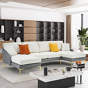OUYESSIR U Shaped Sectional Sofa Couch, 4 Seat Sofa Set with Double Chaise, 108.5" U-Shaped Modern Fabric Sofa Sleeper with 4 Throw Pillows for Living Room, Grey