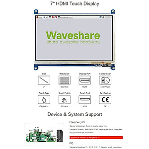 Waveshare 7inch HDMI LCD B for Various Systems Raspberry Pi/Raspberry Pi 3 Model B+ 800x480 Rev3.1 Capacitive Touch Screen LCD Display HDMI Interface.