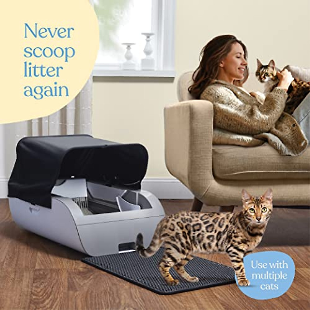New Upgraded Smart Automatic Cat Litter Box - Self Cleaning Cat Litter Box with Built in Odor Eliminator - Works with Clumping Cat Litter - Large Cat Litter Box with Hood & Litter Mat.