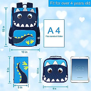 UFNDC 3PCS Dinosaur Backpack, 15" Boys Bookbag with Lunch Box, Kids School Bag for Elementary Preschool Toddler
