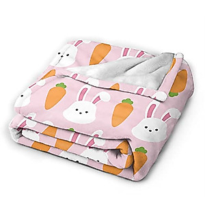 Rabbit and Carrot Throw Blanket Soft Warm Cozy Lightweight Blankets Cute Easter Bunny Flannel Blanket for Sofa Couch Bed Office Holiday Decorative 50"X40"