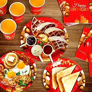 168 Pcs Red and Gold Party Supplies Tableware Set Happy Birthday Plates, Knife,Forks,Spoons, Cups and Napkins Table Decorations for Women Girls Birthday Party Decorations, 24 Guests