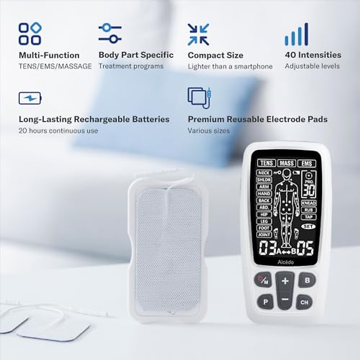 Alcedo TENS Unit + EMS Combination Machine Muscle Stimulator for Pain Relief, Electric Rechargeable Pulse Massager with 41 Modes for Back/Neck Pain Therapy, HSA FSA Eligible