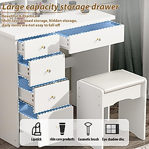 FUFU&GAGA Vanity Set with Rectangular Mirror, Makeup Vanity Dressing Table with 5 Drawers, Shelves, Dresser Desk and Cushioned Stool Set (B White/Lighted Mirror)
