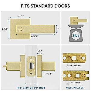 TICONN Door Handle Heavy Duty, Reversible Square Door Lever for Bedroom, Bathroom and Rooms (Satin Brass, Privacy)