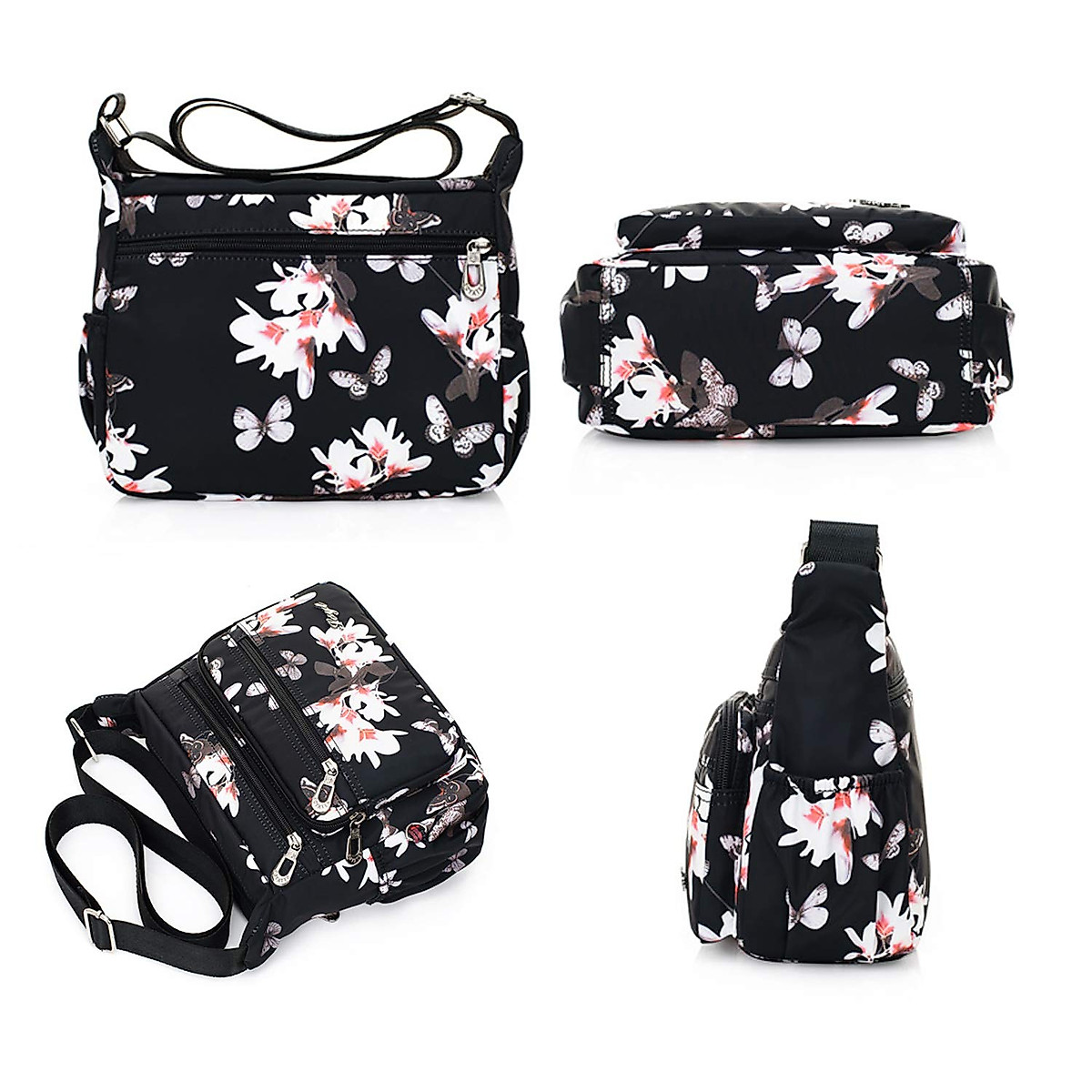 SYYHOME Crossbody Bags for Women Multi Pocket Shoulder Bag Waterproof Nylon Travel Purses and Handbags (Rose)