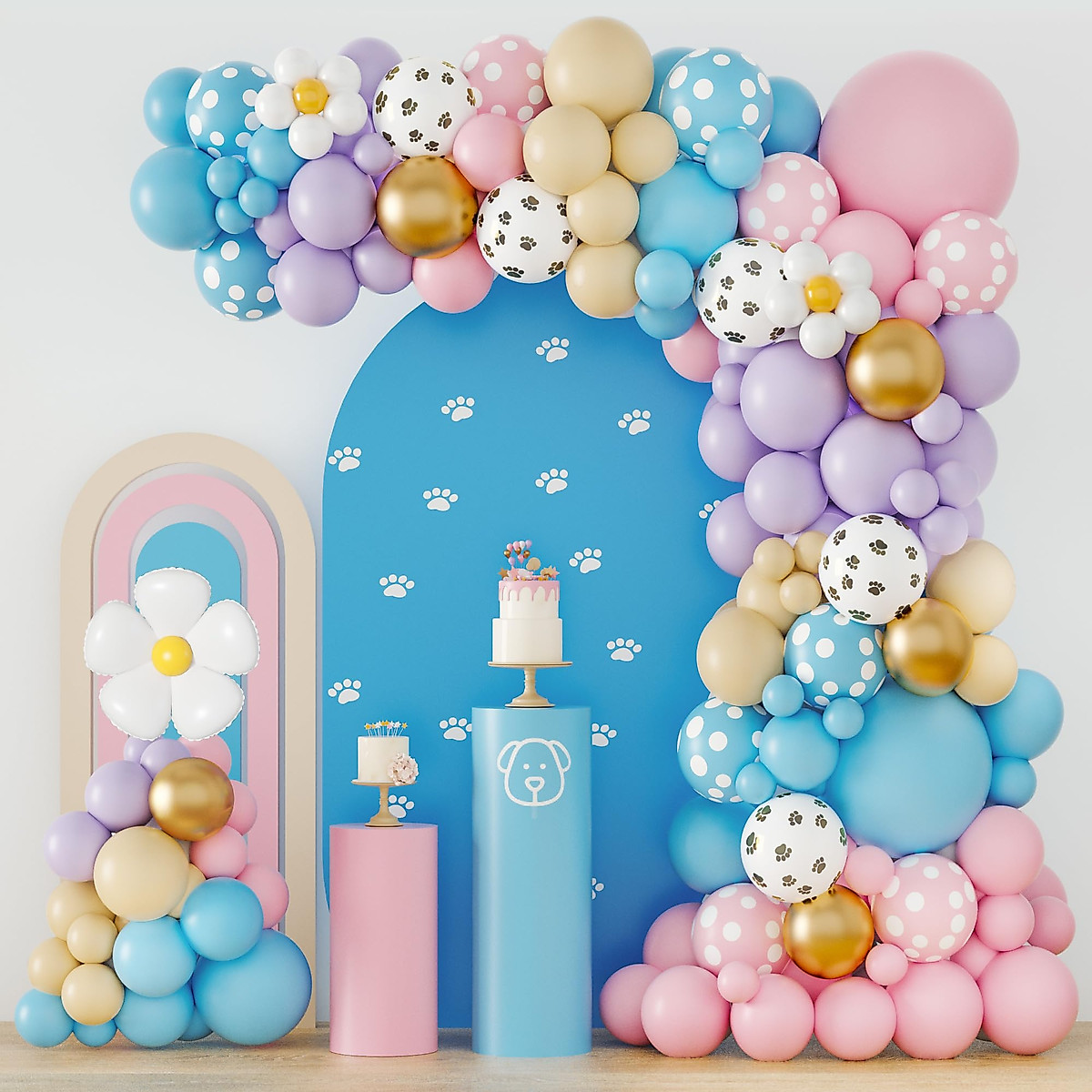Ouddy Life 176Pcs Blue Balloons Arch Garland Kit, Blue Birthday Decorations Girl with Dog Paw Bone Daisy flower Pink Blue Purple Blush Balloons for Girls Boy Puppy Birthday Party Baby Shower Decor