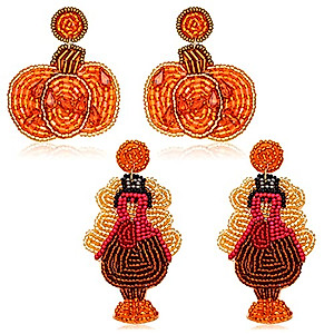 Thanksgiving Fall Earrings for Women Beaded Maple Leaf Pumpkin Turkey Earrings Handmade Gobble Drop Dangle Earrings Autumn Fall Gifts Holiday Party Accessory (Style C)