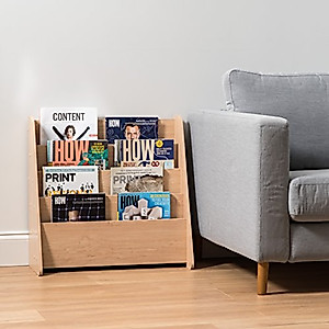 IRIS USA Wide Wooden Magazine Rack, 4-Pocket Periodical Book Sketchbook Stand with Deep Compartments for Living Room Bathroom Kids Room Classroom Office, Light Brown