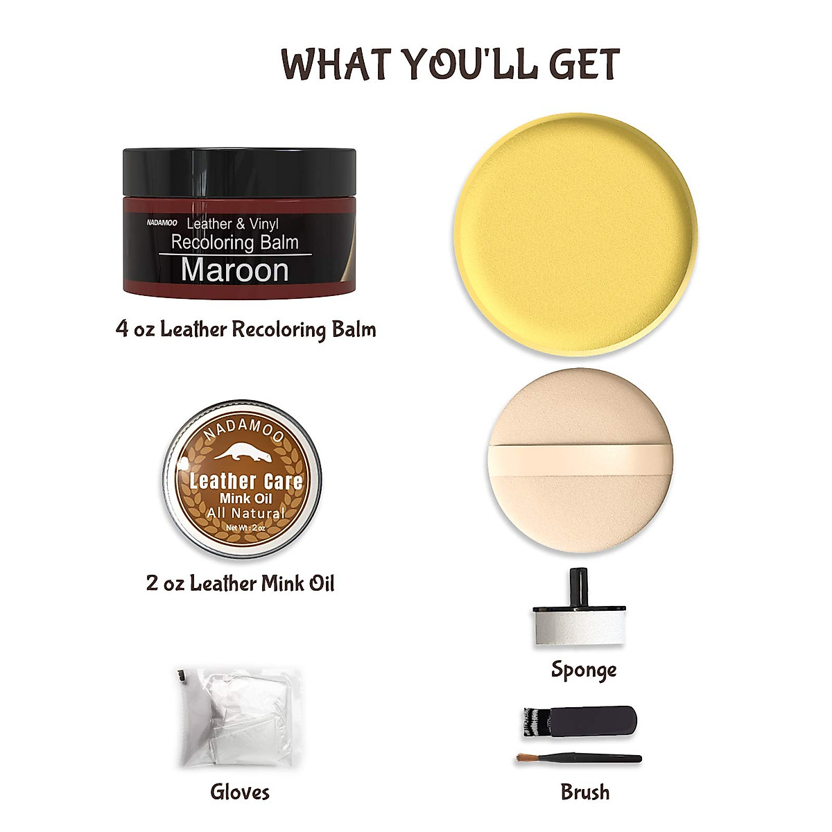 NADAMOO Maroon Leather Recoloring Balm with Mink Oil Leather Conditioner, Leather Repair Kits for Couches, Restoration Cream Scratch Repair Leather Dye For Vinyl Furniture Car Seat, Sofa, Shoes