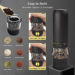 Electric Pepper Grinder - Rechargeable Salt Pepper Mill, LED Lights Black Automatic Pepper Salt Mill Grinder Refillable, Adjustable Coarseness Shaker, One Hand Operation (1 Pack)