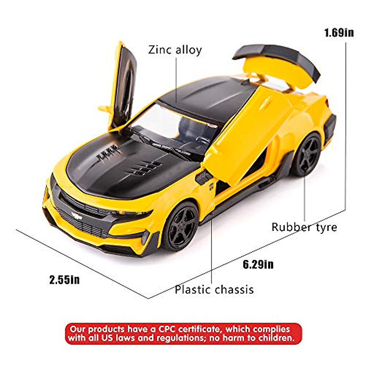 BDTCTK Camaro Bumblebee Car Model Toy 1/32 Zinc Alloy Casting Pull Back Car Sound and Light Toys for Kids Boy Girl Gift (Yellow)