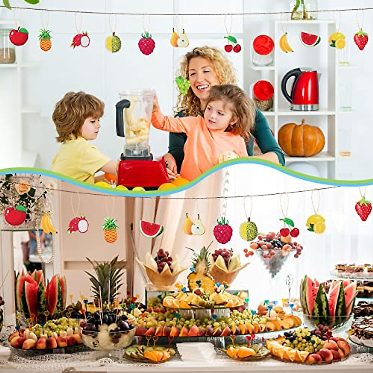 36 Pcs Tutti Frutti Wooden Hanging Ornaments Tropical Fruit Hanging Decor Summer Party Supplies Hawaiian Party Decorations Strawberry Pineapple Cherry Watermelon Lemon for Birthday Luau Beach