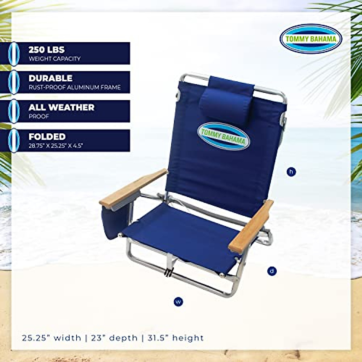 Tommy Bahama 5-Position Classic Lay Flat Folding Backpack Beach Chair, Polyester, Navy