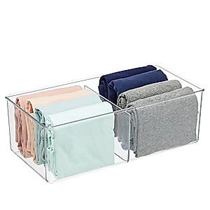 mDesign Plastic 2 Compartment Divided Drawer and Closet Storage Bin - Organizer for Scarves, Socks, Bras, and Underwear - Dress Drawer Organizer, Shelf Organization - 6 Pack - Clear