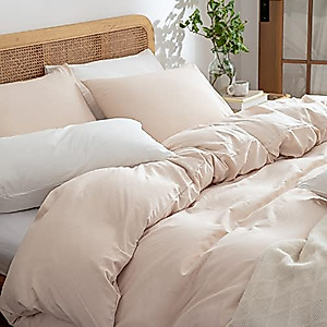 Beige Duvet Cover Queen, 100% Washed Microfiber 3 Pieces Solid Casual Beige Bedding Set for Men and Women, with Zipper Closure, Luxury Ultra Soft Relaxed Feel Natural Wrinkled Comfy (Beige, Queen)