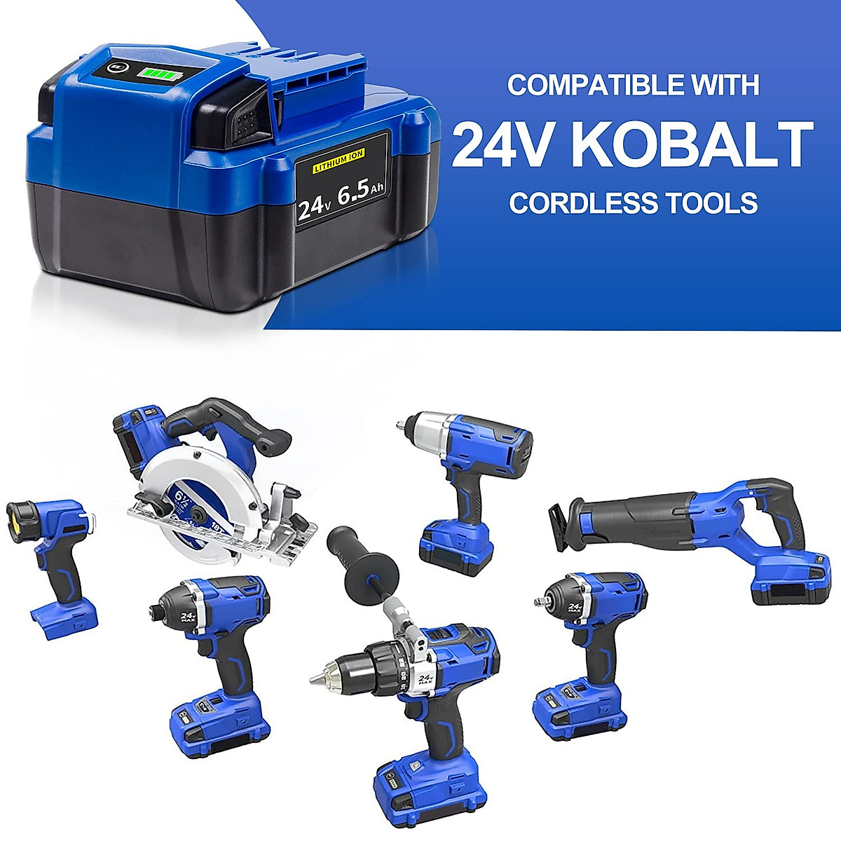 DTK Replacement for Kobalt 24V Battery 6.5Ah Lithium Ion Batteries KB624-03 KB524-03 KB424-03 KB224-03 KB124-03 Compatible with Kobalt 24V Cordless Tool（2Pack）