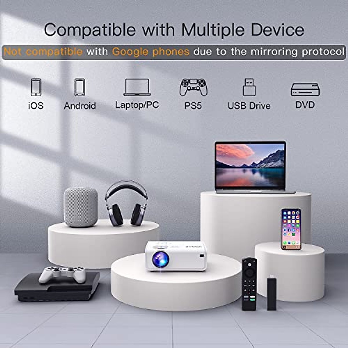 Projector with WiFi and Bluetooth, 2023 Upgraded VOPLLS 5G Native 1080P Projector, 380ANSI Outdoor Projector 4K Support, ±50°/4P/4D Keystone, 50% Zoom, Compatible with TV Box/USB/PC/iOS/Android Phone