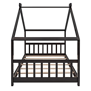 Montessori Floor Bed Frame Twin Size, Twin Floor Bed Frame with Headboard, Footboard and Slats, Wood Montessori Bed Frame/Montessori House Bed for Kids, Girls, Boys(Espresso)