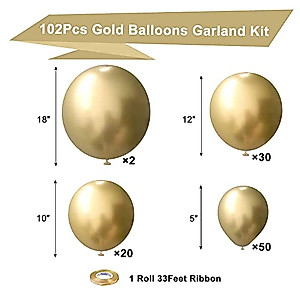 Gold Metallic Chrome Balloon Garland Kit - 102PCS 18In 12In 10In 5In Party Balloon Kit With 33FT Ribbon for Birthday Wedding Graduation Engagement Baby Shower Party Decorations