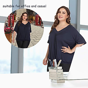 andy & natalie Women's Plus Size Tops Pleated V Neck Loose Baggy Blouse T Shirts Blue