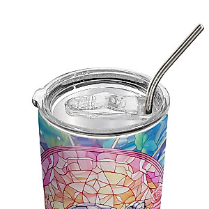 20oz Stained Glass Flower Sea Turtle Tumbler, Gifts for Turtle Lovers, Ocean, Beach Gifts, Coffee Thermos for Women, Stainless Steel Double Wall Vacuum Insulated Coffee Mug, Travel Cup with Lid