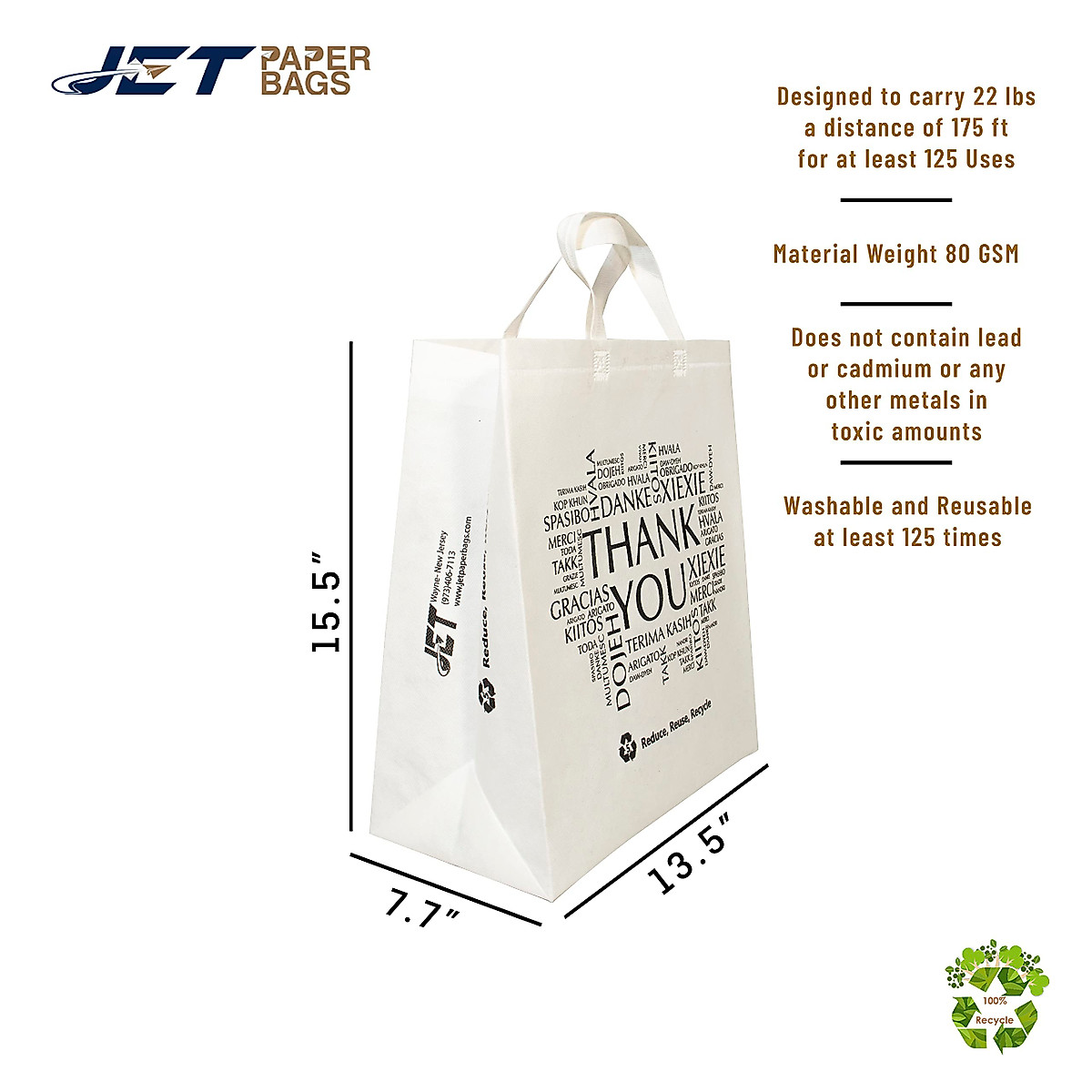 JET PAPER BAGS 13.5”x7.7”x15.5” (50 Pcs) Non-woven Reusable White Bags - Thank You printed in all languages - Recyclable Bags