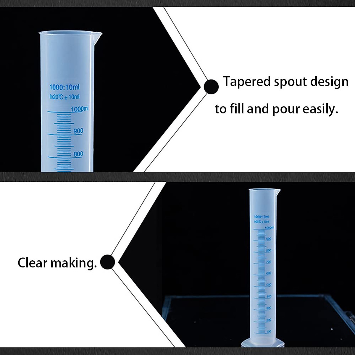 2Pack 1000ml Plastic Graduated Cylinder, Plastic Measuring Cylinder Set, 2-Sided Marking Lab Cylinders, Clear Science Measuring Cylinder for Home and School Science, Laboratory Supplies