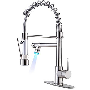 DJS Kitchen Faucet with Pull Down Sprayer, Faucet for Kitchen Sink, High Arch Stainless Steel Single Handle Spring Kitchen Faucets with Deck Plate for 1 or 3 Holes for Sink. DJS-CFLT-2020N-Lock-LED-DP