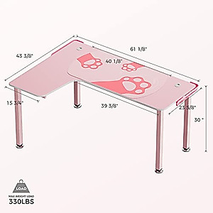 DESIGNA Pink Gaming Desk, 60 inch Pink L Shaped Gaming Desk, with Full Covered Cute Pink Desk mat for Girl Gaming Desk Pink, Easy to Assemble, Left Side