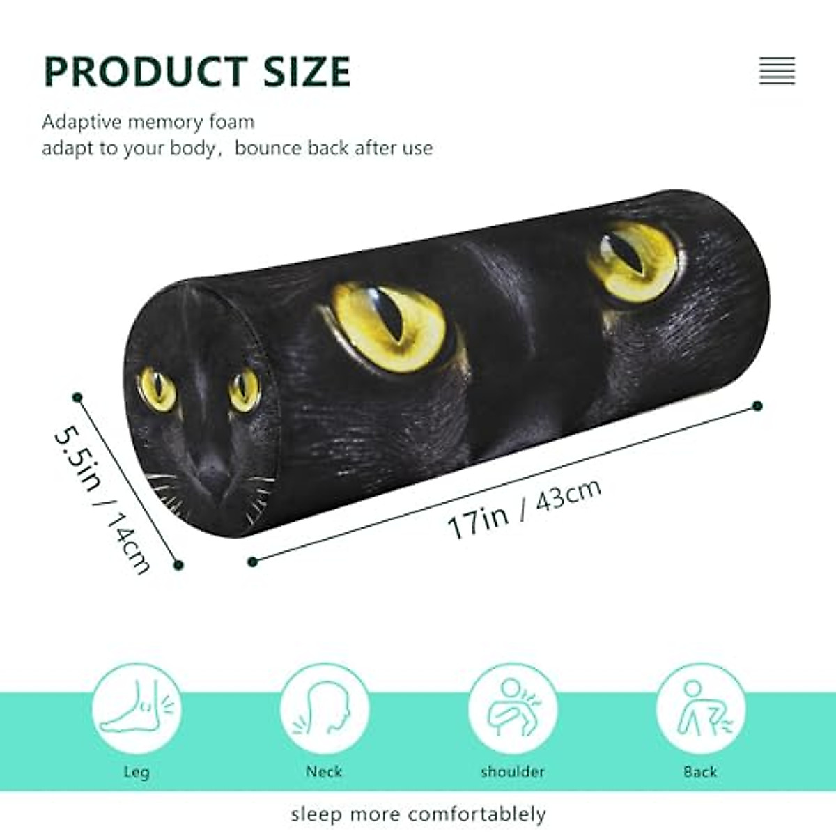 xigua Black Cat Neck Roll Pillow for Neck Relief with Removable Washable Cover - Memory Foam Round Cylinder Bolster, Ergonomically Designed for Head, Neck, Back, and Legs