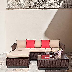 L-DREAM Garden Furniture Sofa Set 5-Piece - PE Brown Wicker Rattan Sofa - with Tempered Glass Coffee Table and Washable Couch Cushions - for Patio Balcony Conversation Sofa (Color : Brown)