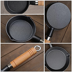 UPTALY 6.1 inch Mini Cast Iron Skillet, Omelet Pans, No Coating, Physical Non Stick Pan, Small Frying Pan with Wood Handle, Japanese Omelette Pan, Black Miniture Skillet for Baked Cookie/Brownie