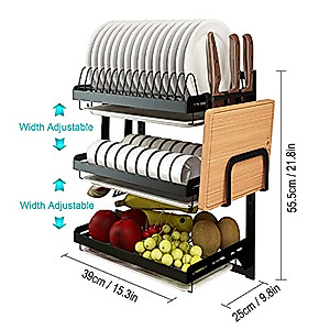Supfirm Wall Mounted Stainless Steel Dish Drying Rack Fruit Vegetable Storage Basket with Drainboard and Hanging Chopsticks Cage Knife Holder Kitchen Supplies Shelf Utensils Organizer (3-Tier)