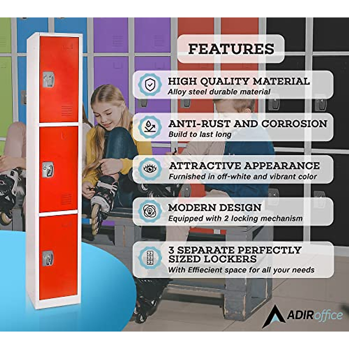 AdirOffice Large School Locker with 3 Doors 3 Hooks Storage Locker - Metal Storage Locker Cabinet Ideal for School, Garage, Office Lockers - (3 Door, Red)