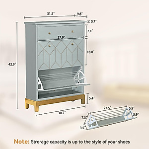 HLR Space Saving Hidden Shoe Cabinet with 2 Flip Doors 1 Drawer, Entryway Shoe Storage Cabinet, Narrow Shoe Rack Cabinet, Freestanding Hidden Shoe Rack Storage Organizer, Green with Gold Legs