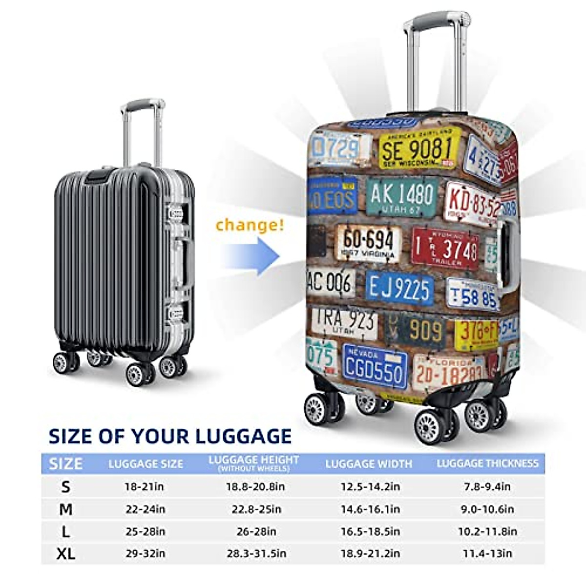 DOINBEE License Plates Suitcase Cover Old Car License Plates on The Wall Luggage Covers for Suitcase Colorful Printed Elastic Luggage Sleeves or Covers Travel Accessories Fit 29-32 Inch Luggage