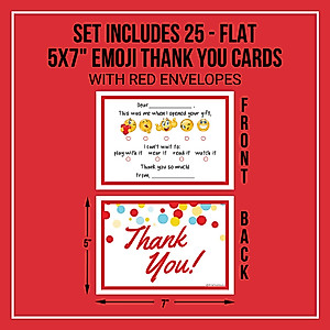 Kids Fill in the Blank Emoji Thank You Notes 5 x 7" - 25 Cards with Red Envelopes Fun, Easy Gender Neutral Thank Yous for Boys or Girls