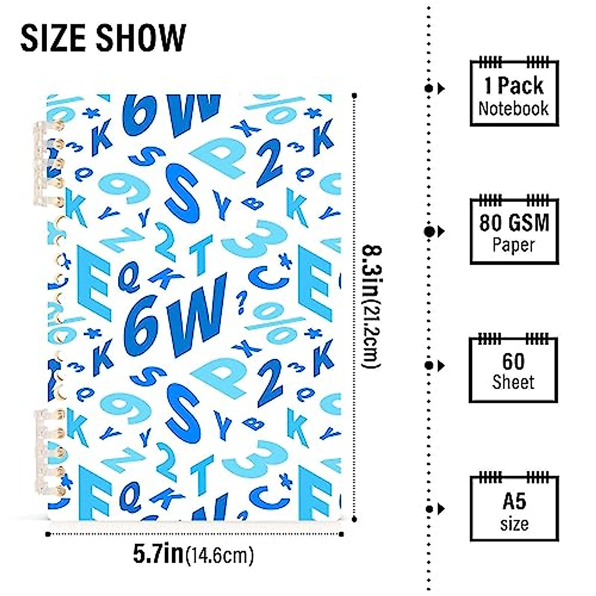 Blue English Letters Digital Spiral Journal Notebook for Women Men A5 Memo Notepad Sketchbook with Durable Hardcover & 60 Pages College Notebooks for Boys Grils Study Notes Work School Journaling