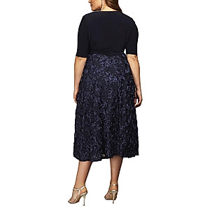 Alex Evenings Women's Plus Size Tea Length Dress with Rosette Detail, Navy Tie Front, 22W