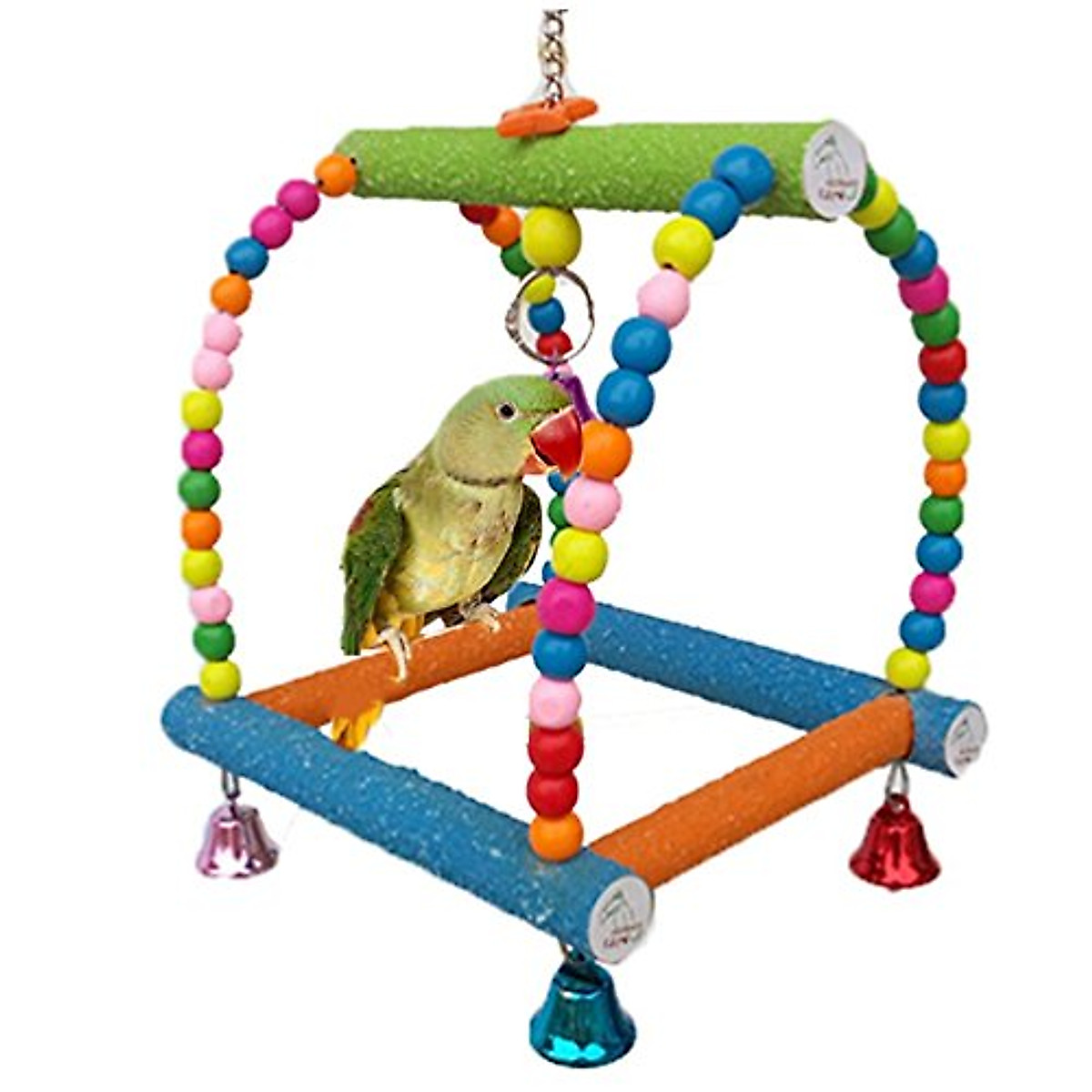 Hypeety Colorful Wooden Swing Bird Toy for Parrot Macaw African Greys Budgies Cockatoo Parakeet Cockatiel Conure Lovebirds Finch Cage Perch Toy Paw Grinding Ladder (S)