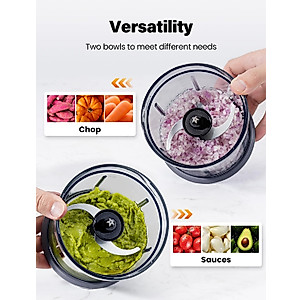 TWOMEOW Food Processor 4 Cup, Electric Food Chopper, 【Small but Powerful】Meat Grinder with 2 Bowls, 2 Speed & 4 Blades for Vegetable, Meat, Nuts, Functions for Chopping, Dicing, Mixing and Puree