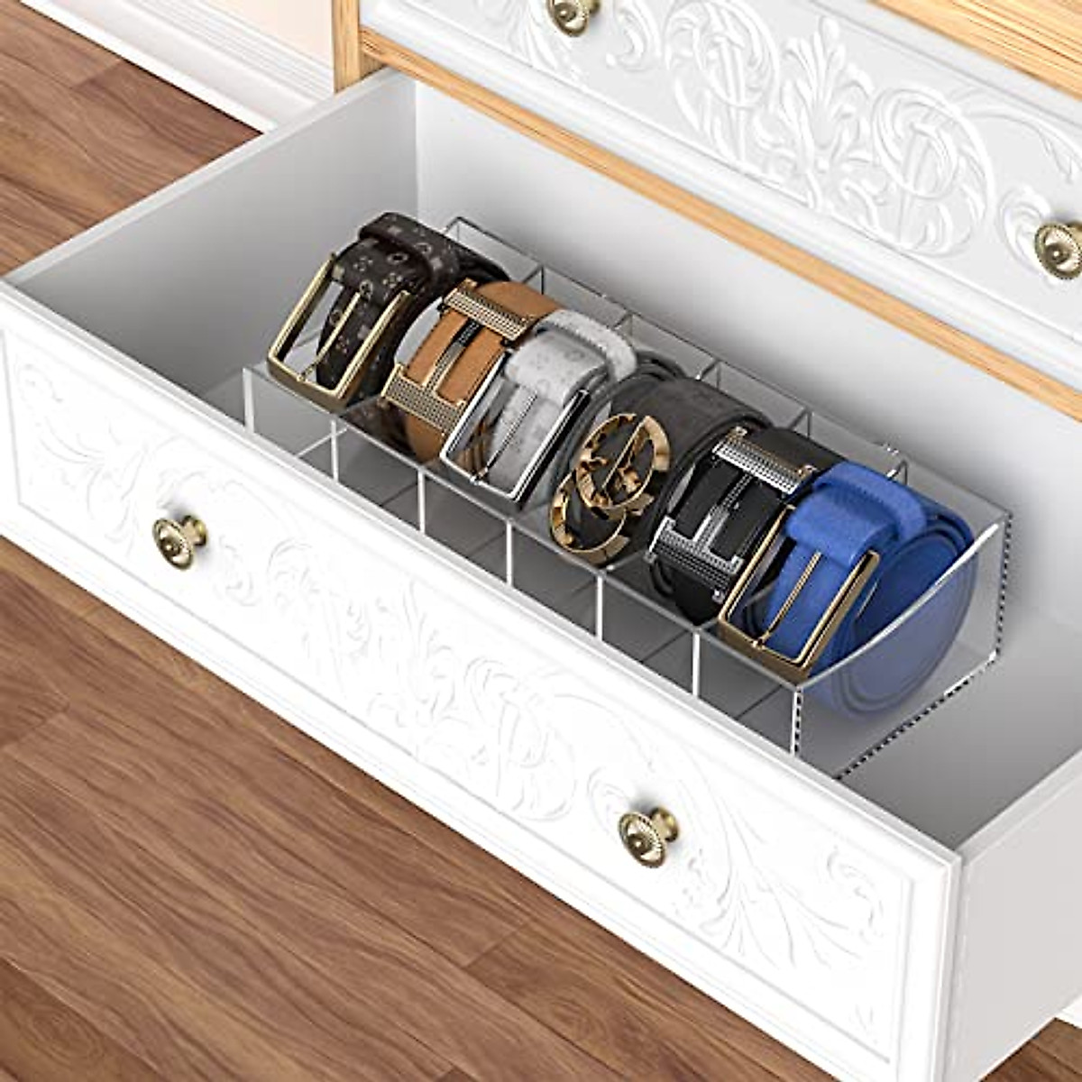 KDSKSC Belt Organizer, Acrylic Belt Storage Holder for The Closet and Drawer, 6 Compartments Belt Container Clear Display Case for Tie and Bow Tie
