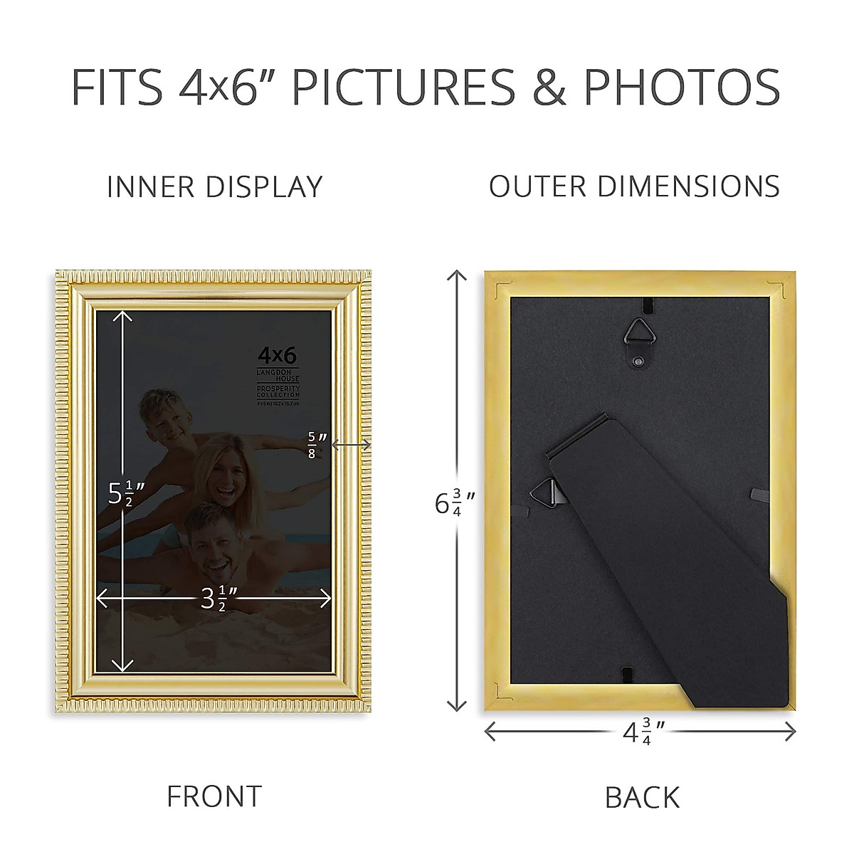 Langdon House 4x6 Picture Frames (Gold, 6 Pack), Contemporary Frame Set, Wall Mount or Table Top, Prosperity Collection