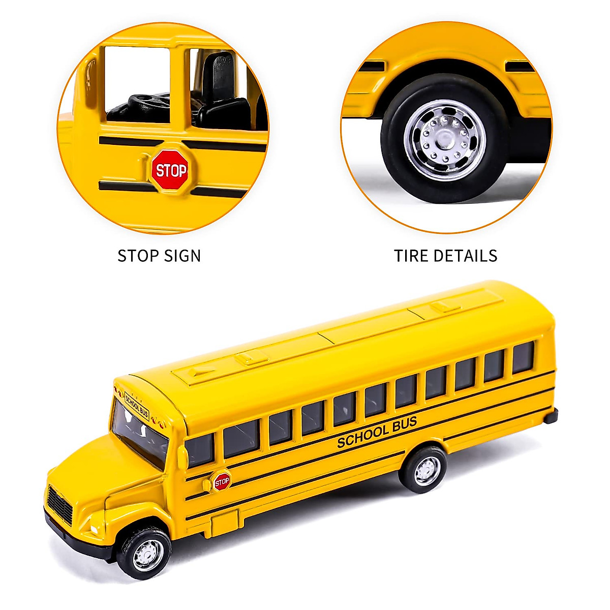 DUNRIOG TOYS 2 Pack 5.5'' Pull Back School Bus, Die-cast Metal Toy Vehicles with Bright Yellow for Kids Boys Girls